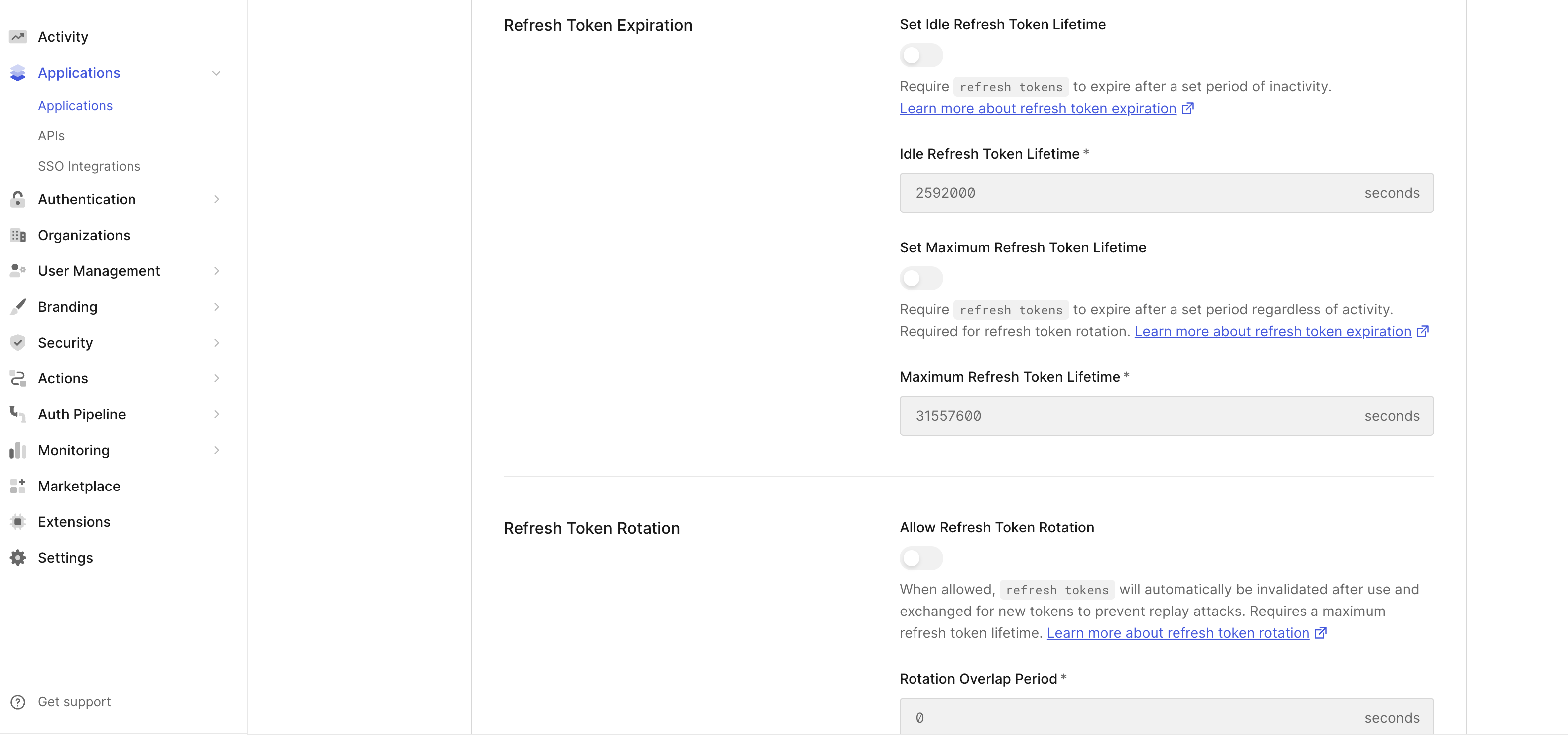 Auth0 Support Center - Unable to Enable Refresh Token Rotation and Refresh Token Expiration in ...