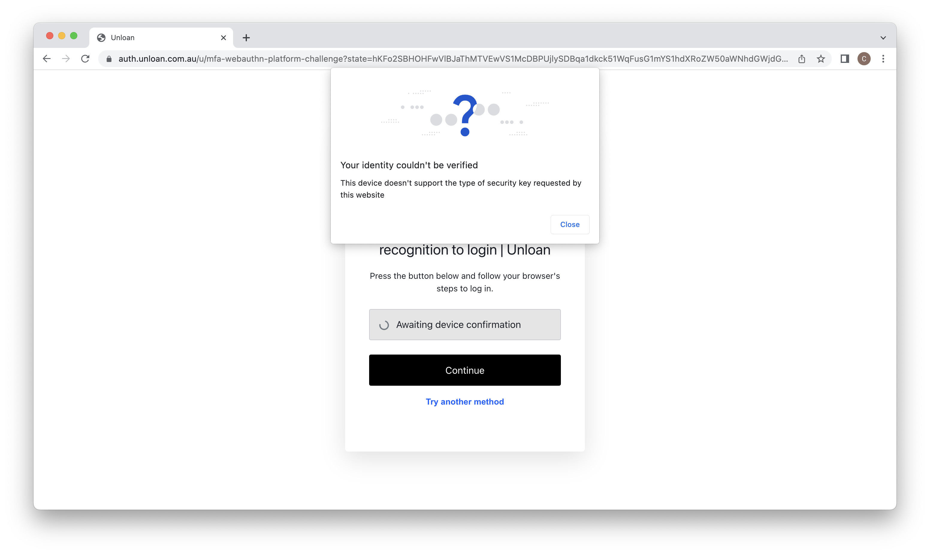 Auth0 Support Center - Biometrics login / WebAuthn browser Error