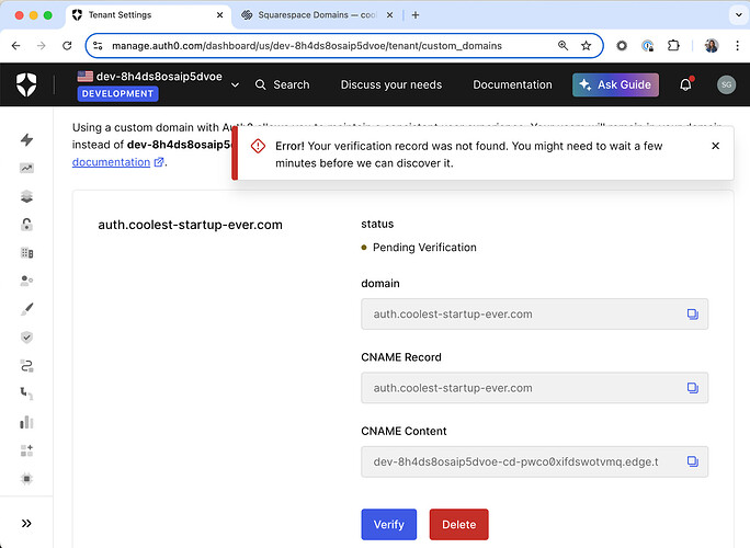Auth0 Support Center - Set up a Custom Domain with a Squarespace Domain